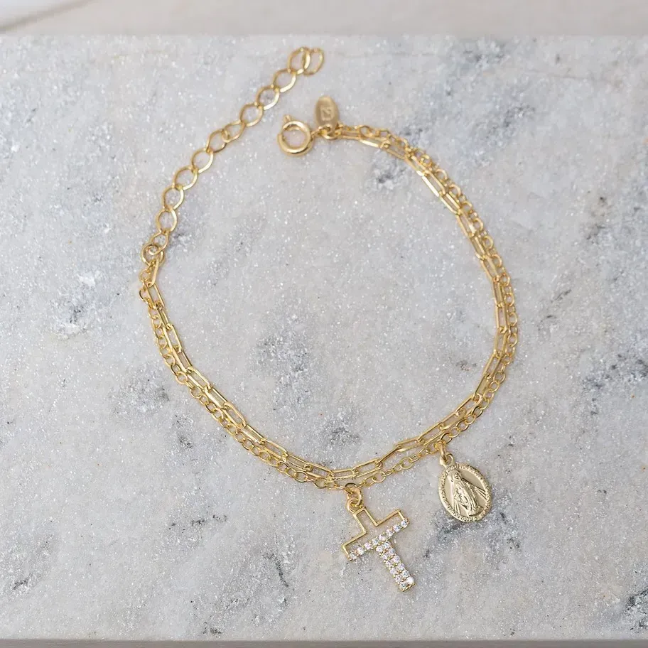 PULSEIRA DUPLA COM CRUZ E NOSSA SENHORA BANHO OURO 18K - Luski